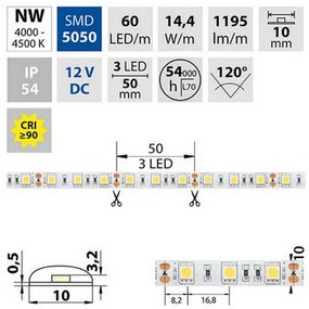 LED pásek McLED 12V neutrální bílá š=10mm IP54 14,4W/m 60LED/m SMD5050 ML-121.675.60.0