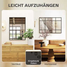 HOMCOM obdélné nástěnné zrcadlo 70 × 50 cm — černý kovový rám ve stylu okna, dekorativní zrcadlo do obýváku, ložnice a předsíně