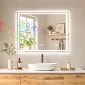 HOMCOM LED koupelnové zrcadlo Bluetooth 90 x 70 cm dotykový spínač, stmívatelné světlo 3 barvy, protimlž, paměť, stříbrné