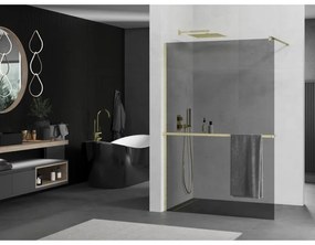 Mexen Kioto+, sprchová zástěna Walk-In s poličkou a věšákem 120 x 200 cm, 8mm šedé sklo, zlatý matný profil, 800-120-121-55-40