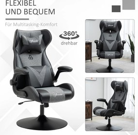 Ergonomická herní židle Vinsetto s nastavitelnou výškou, kulatou základnou, sklápěcími opěrkami, podhlavníkem a bederními polštáři, PU šedá černá