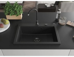 Mexen Elix, 1korový granitový dřez 700 x 500 mm, černá/stříbrná metalíza, černý sifon, 6526701005-73-B