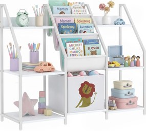 AIYAPLAY Montessori knihovna pro děti 3-8 let se 3 látkovými přihrádkami, dřevěnými vložkami a zásuvkou, bílá