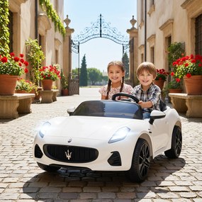 AIYAPLAY Dětské elektroauto Maserati, dvoumístné, 12V napájení z baterie, dálkové ovládání, LED světla, hudební funkce, bílé