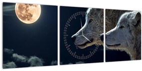 Obraz vlků vyjících na měsíc (s hodinami) (90x30 cm)