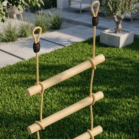 AIYAPLAY Ninja Line dětský lanový žebřík s 5 příčkami a slackline 1,8 m — přírodní dřevo, včetně 2 karabin a 2 popruhů na strom (3–8 let)