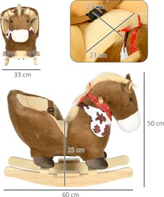 HOMCOM Houpací kůň pro děti 18-36 měsíců s dětskými zvuky, bezpečnostním pásem, řídítky a podnožkou, nosnost 40 kg, 60x33x50 cm, hnědý