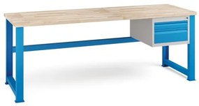 Dílenský stůl KOVONA, 2 zásuvky na nářadí, buková spárovka, pevné nohy, 2100 mm