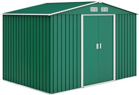 Zahradní shed Outsunny 4,9 m² 277x195x192 cm se skládacími dveřmi a šikmou střechou, zesílený základ (podlaha není součástí) a 4 tmavě zelená okna | A