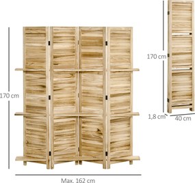 HOMCOM Předěl do interiéru, 4 panely, 162Š x 170V cm, 3 police, skládací dělící stěna, lamelové dveře z přirozeného paulovnie
