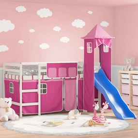 Dětská patrová postel s věží růžová 90 x 190 cm masiv borovice,  3207086