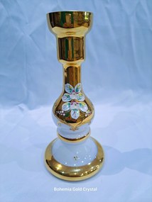 Skleněný opálový svícen se zlatem a smaltem 19,5 cm