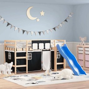 vidaXL Dětská patrová postel se závěsy bílá a 90x200 cm borovice [3207023] Barva: Přírodní a modrá
