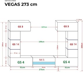 Ral Obývací stěna VEGAS 4, 273 cm - Bílý lesk