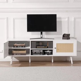 Ratanový TV stojan pro 165,1 cm TV Boho TV stojan s vestavěnou zásuvkou bílá
