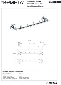 Bemeta Design OMEGA: Věšák s 5 háčky, 365 mm -