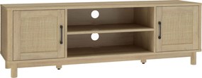 HOMCOM TV nábytek 135 cm, TV nábytek pro televize až do 165,1 cm s 2 ratanovými dveřmi, 2 otevřenými přihrádkami, dub