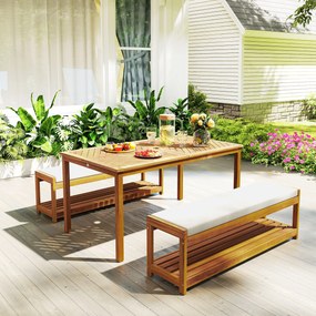 Outsunny 3dílná sada zahradního nábytku, sedací souprava včetně 1 jídelního stolu s otvorem pro slunečník, 2 lavice 150 x 85 x 75 cm teakové dřevo