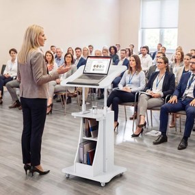 Costway Stojací stůl s nastavitelnou výškou řečnického pultu s kolečky a – bílý