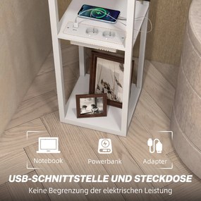 HOMCOM Stojací lampa s 3stupňovou policí, nožní spínač, USB porty, MDF, bílá