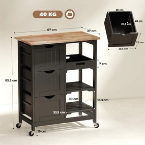 HOMCOM kuchyňský pomocný vozík na kolečkách, s 3 zásuvkami, 2 otevřenými policemi a vyjímatelným tácem, 67 x 37 x 85,5 cm, černá