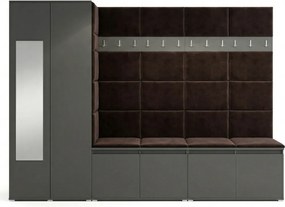 Předsíňová stěna Trinity 9 s čalouněnými panely, 290 cm, grafit/ tmavě hnědá