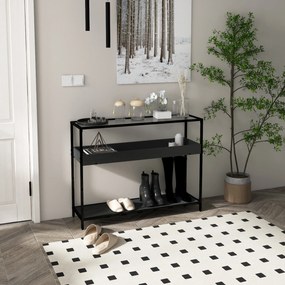 HOMCOM Konzolový stolek se 2 policemi Předsíňový stolek se skleněnou deskou, botník, ocel, černý, 100x30x78 cm| Aosom