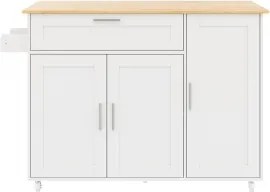 Aosom Mobilní kuchyňský stůl s výsuvnou pracovní deskou, zásuvkou, regálem na koření, držákem na ručníky, 132,5 x 44/70 x 90 cm, bílá+přírodní barva
