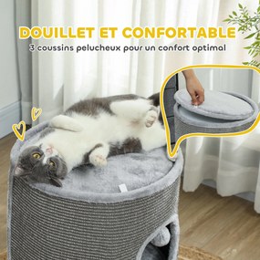 Modulární kočičí věž Pawhut, škrabací sud se separovatelným zipem, 3 úrovně, dvě míčky, kočičí jeskyně a úkryt, výška 69 cm, šedá