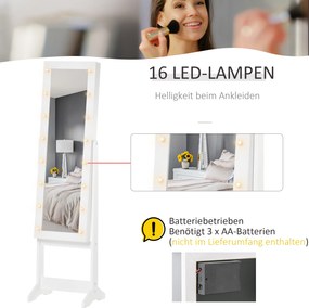 HOMCOM LED šperkovnice se zrcadlem, zrcadlová skříňka, stojací zrcadlo, police na šperky, nastavitelný zrcadlo, krémově bílá, výška 136 cm