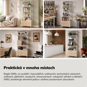 Regál se zásuvkami do kanceláře, na šanony a dokumenty, otevřené police, kovový, bílý/dub sonoma, 800x2200x400 mm: ARIEL Eco Design