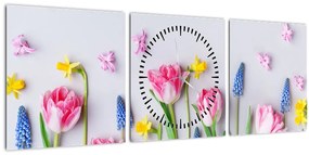 Obraz jarních květin (s hodinami) (90x30 cm)