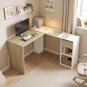 HOMCOM L-tvarový rohý stůl 120x110 cm se zásuvkou a 2 odkládacími plochami pro domácí kancelář Bílá a Přírodní