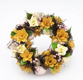 Velikonoční věnec na dveře 30 × 30 × 8 cm, žluté květy, plast, venkovní