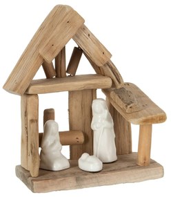 Přírodní dřevěný Betlém s porcelánovými postavičkami Nativity wood - 16*10*19 cm