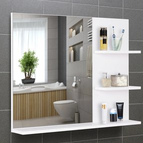 kleankin koupelnové zrcadlo nástěnné zrcadlo se 3 policemi, zrcadlová polička do koupelny, MDF bílá 60x10x48cm, moderní design pro pořádek