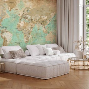Fototapeta Tyrkysová mapa světa - kontinenty na béžovém pozadí ve zeleni