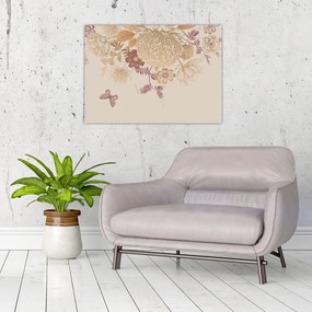 Skleněný obraz - Vintage květy a motýli (70x50 cm)