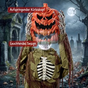 HOMCOM Animovaný vyskočivý dýňový kostlivec, 173 cm, strašidelná halloween dekorace se světlem a aktivací zvukem a dotekem
