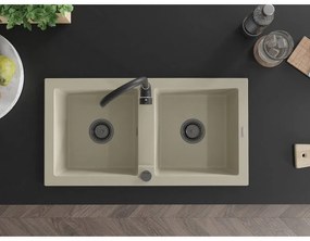 Mexen Mario, granitový dřez 820x436x161 mm, 2-komorový, béžová s černým sifonem, 6504822000-69-B