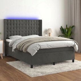 Box Spring Postel S Matrací A Led Samet Tmavě Šedá tlačítka 140 x 200 cm