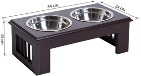 PawHut sada misek pro psy 2 nerezové misky na krmivo, zvýšená miska pro kočky, MDF, snadná údržba, káva, 44x24x15cm| Aosom