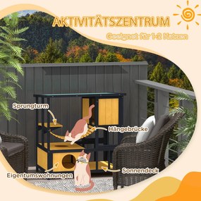 PawHut Dřevěná kočičí bouda - venkovní kočičí jeskyně s visutým mostem, balkonem a platformou, voděodolná střecha, pro 1-2 kočky do 5 kg, žlutá