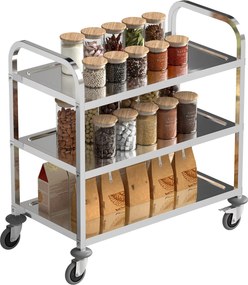 HOMCOM Nerezový vozík s kolečky do kuchyně s podnosy a 2 pažemi pro jídelnu a obývací pokoj 85x45x90 cm Stříbrná