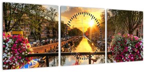 Obraz - Východ slunce v Amsterdamu (s hodinami) (90x30 cm)
