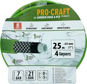 Procraft PR-4GH2525 - zelená zahradní hadice, 4 vrstvy, 1", 25m
