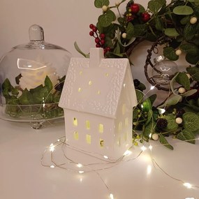 LED dekorace keramický domeček 10,6 × 8,7 × 16,8 cm, teple bílá, 2× LR44