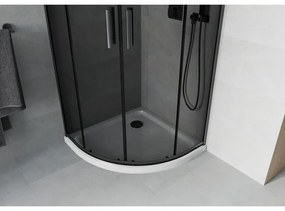 Mexen Rio, čtvrtkruhový sprchový kout s posuvnými dveřmi 80 (dveře) x 80 (dveře) x 190 cm, 5mm šedé sklo, černý profil + bílá sprchová vanička SLIM, 863-080-080-70-40-4110B