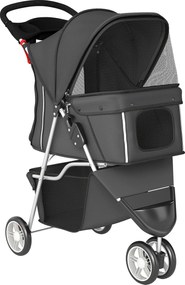 Skládací kočárek pro psy s nastavitelnou stříškou, úložný košík, pro malé psy do 10 kg, 77 x 44 x 102 cm Tmavě šedý