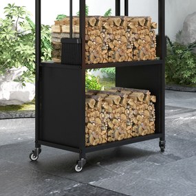 Outsunny Stojan na dřevo 45 x 30 x 118 cm s koly, 4 police, stojan na dřevo pro venkovní i vnitřní použití, do 60 kg, kovový, černý